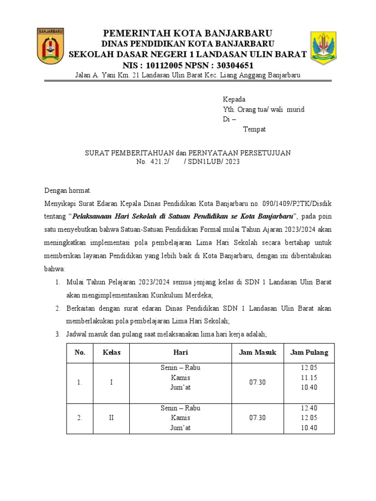 Pemberitahuan 5 Hari Sekolah | PDF