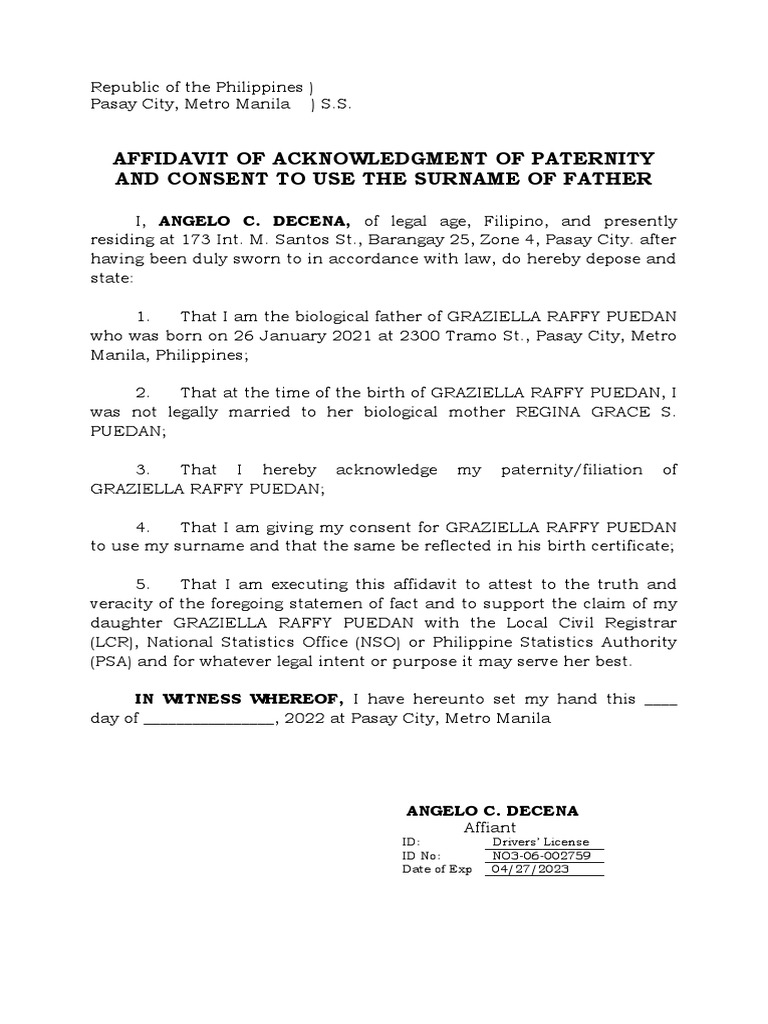 AFFIDAVIT OF ACKNOWLEDGMENT OF PATERNITY AND CONSENT TO USE THE SURNAME ...