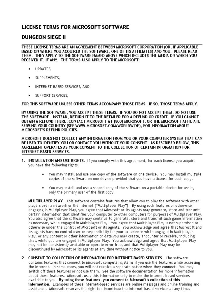 Microsoft Software License Terms: Dungeon Siege II | PDF | License ...