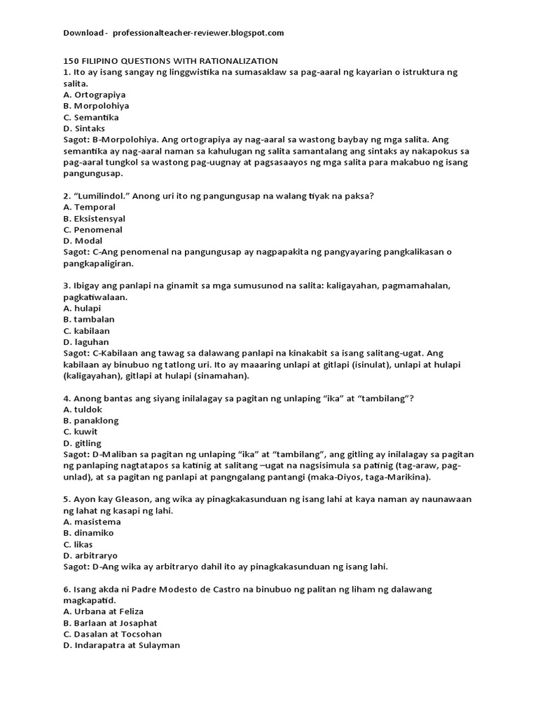 150 Filipino Questions With Rationalization-1 | PDF