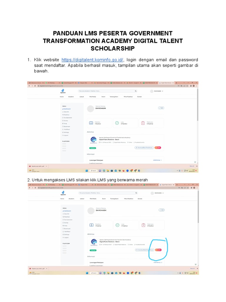 Panduan Lms Peserta Government Transformation Academy Digital Talent Scholarship | PDF