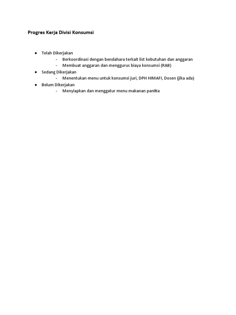 Progres Kerja Divisi Konsumsii | PDF