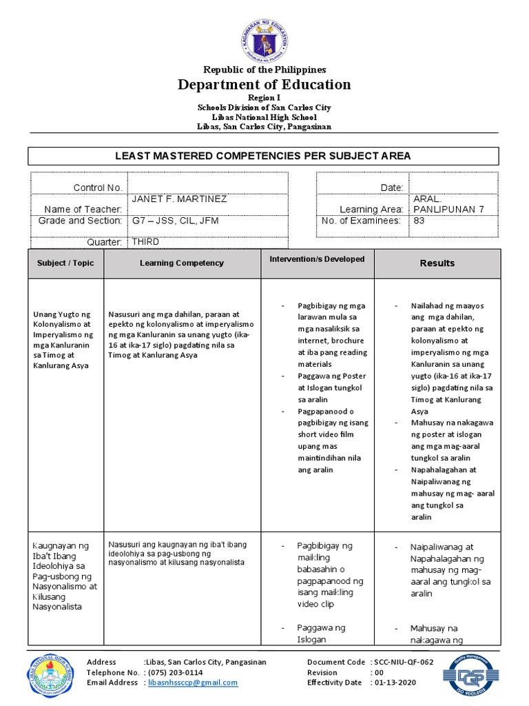 Least Mastered Competencies AP 7 3rd Qtr22 23 (1) | PDF