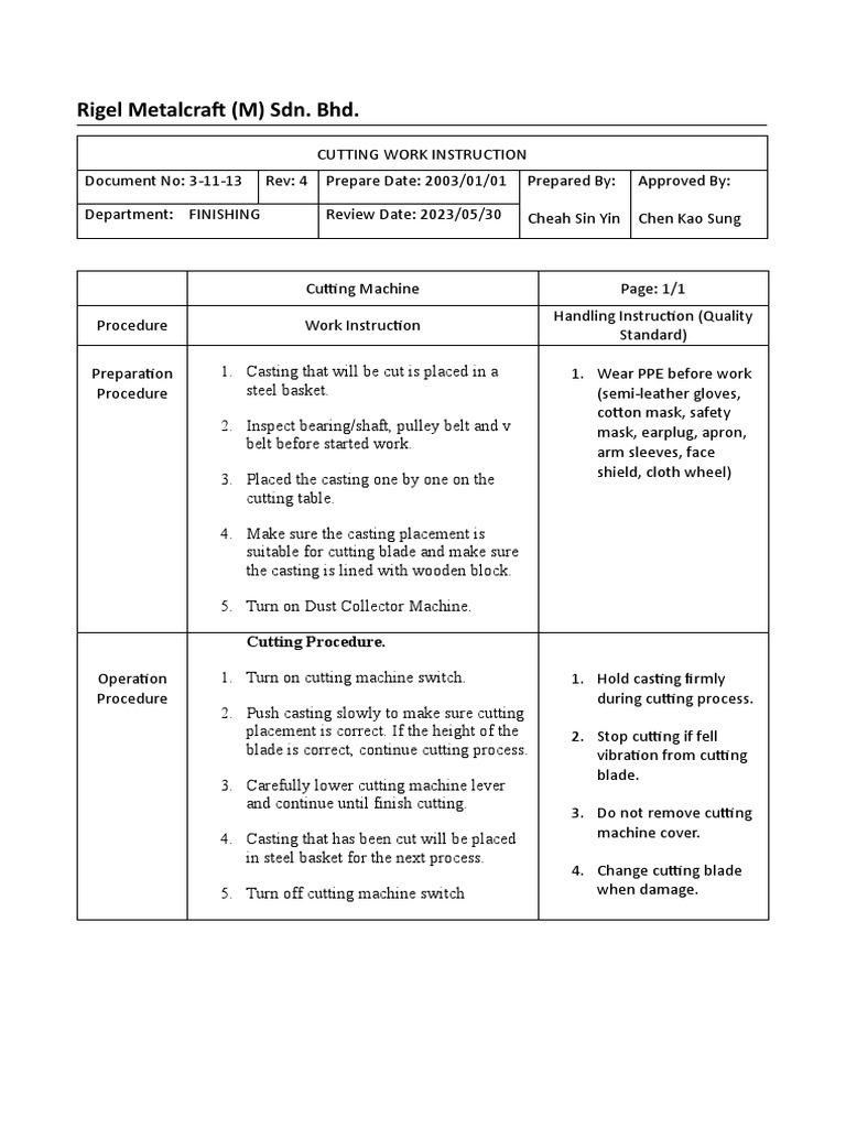 Cutting Work Instructions for Metalcraft | PDF | Technology & Engineering