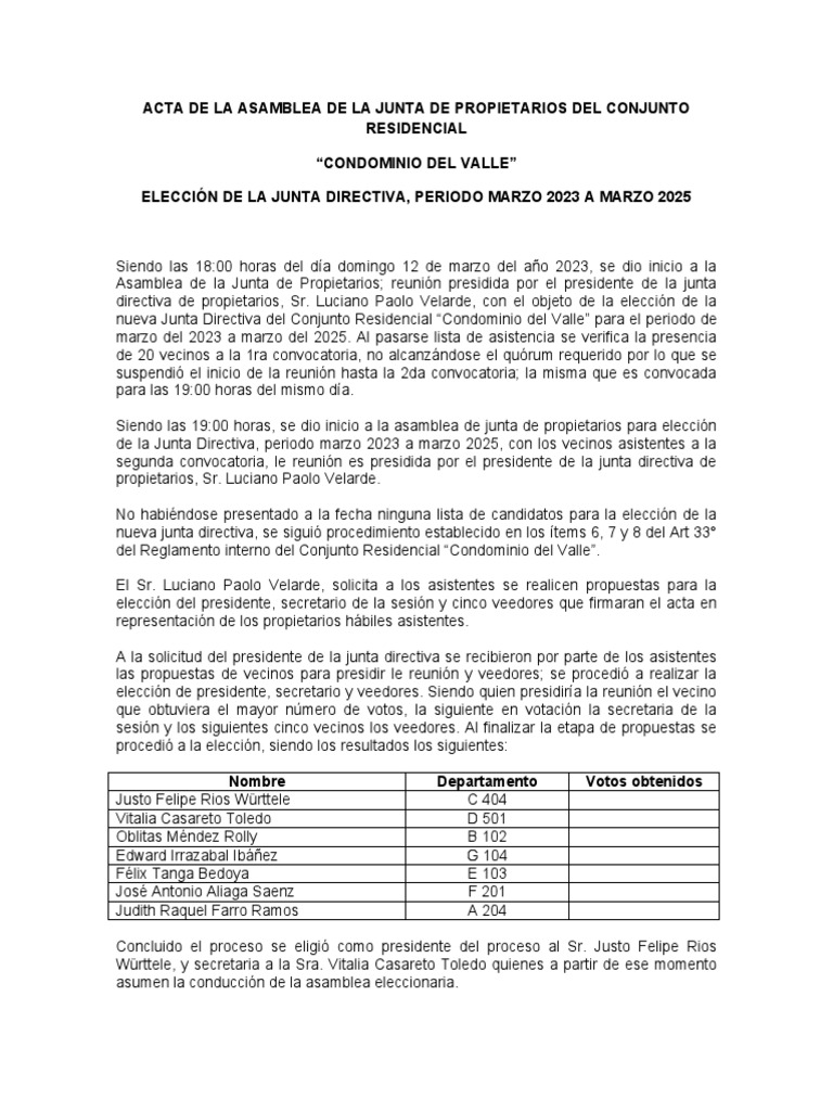 Acta de La Asamblea de La Junta de Propietarios Del Conjunto Residencial | PDF