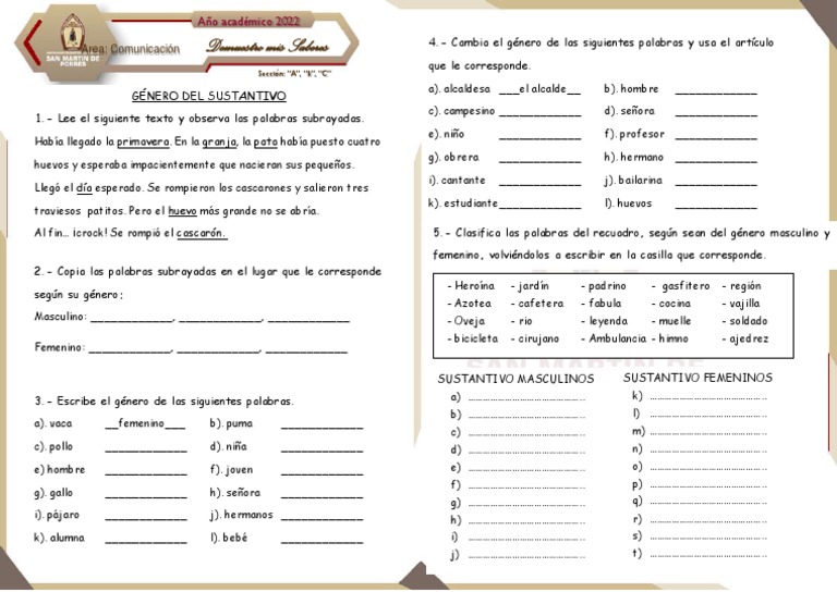 Ficha El Genero Del Sustantivo | PDF