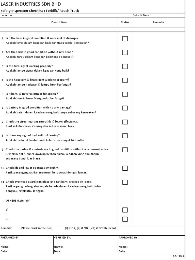 Forklift and Reach Truck Safety Checklist | PDF