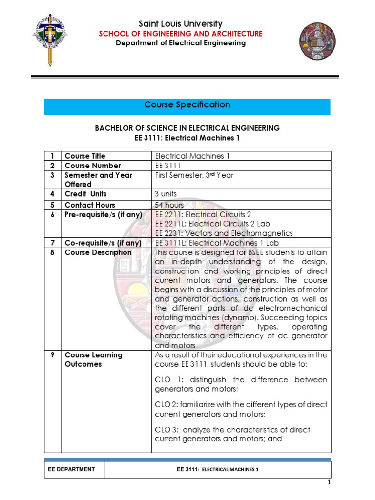EE 3111 Course Specification | Download Free PDF | Electric Generator | Online And Offline