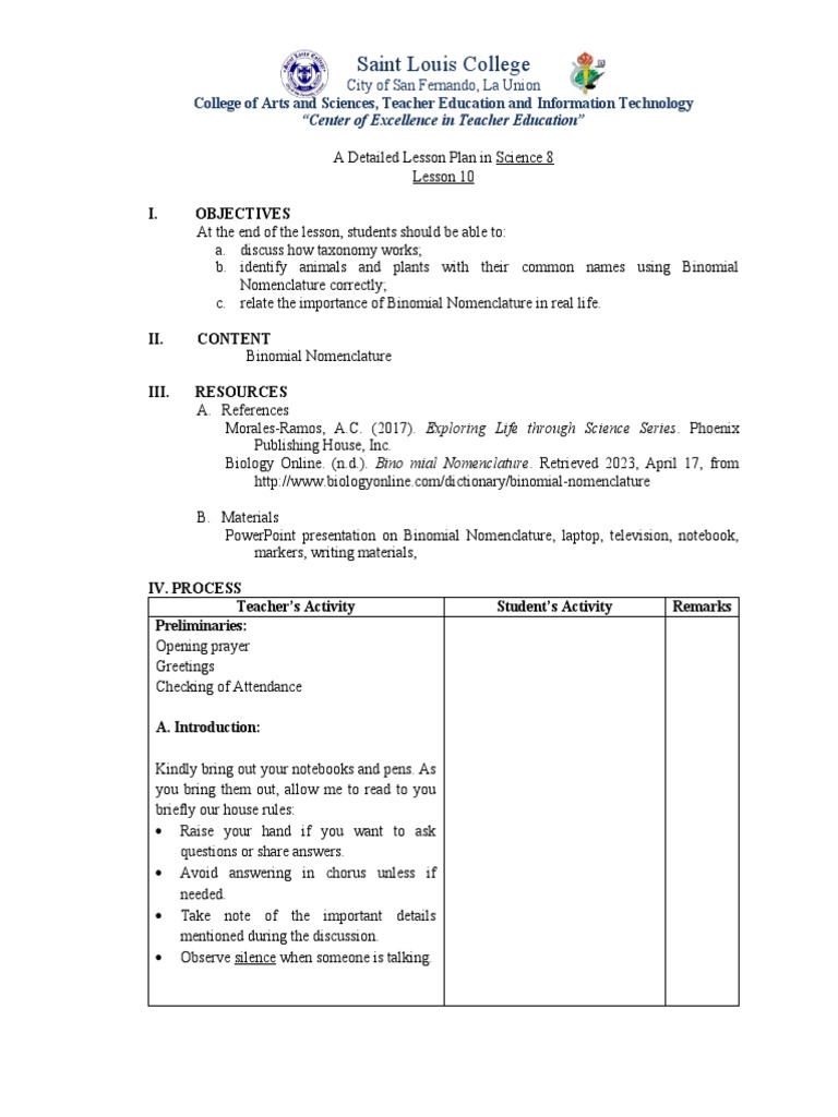 Done Lesson Plan - Taxonomy | PDF | Biology