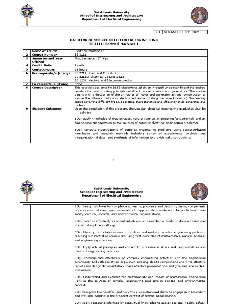 EE 3111 Syllabus | PDF | Electric Motor | Engineering