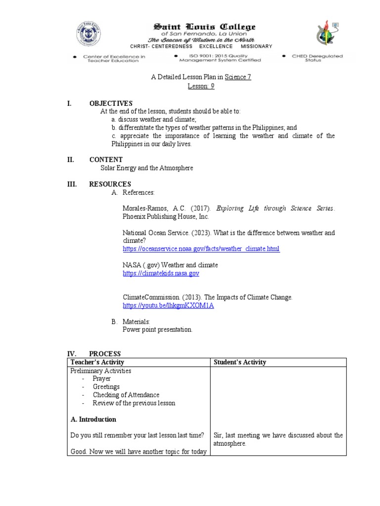 DONE LESSON PLAN - Weather and Climate | PDF | Weather | Thermometer