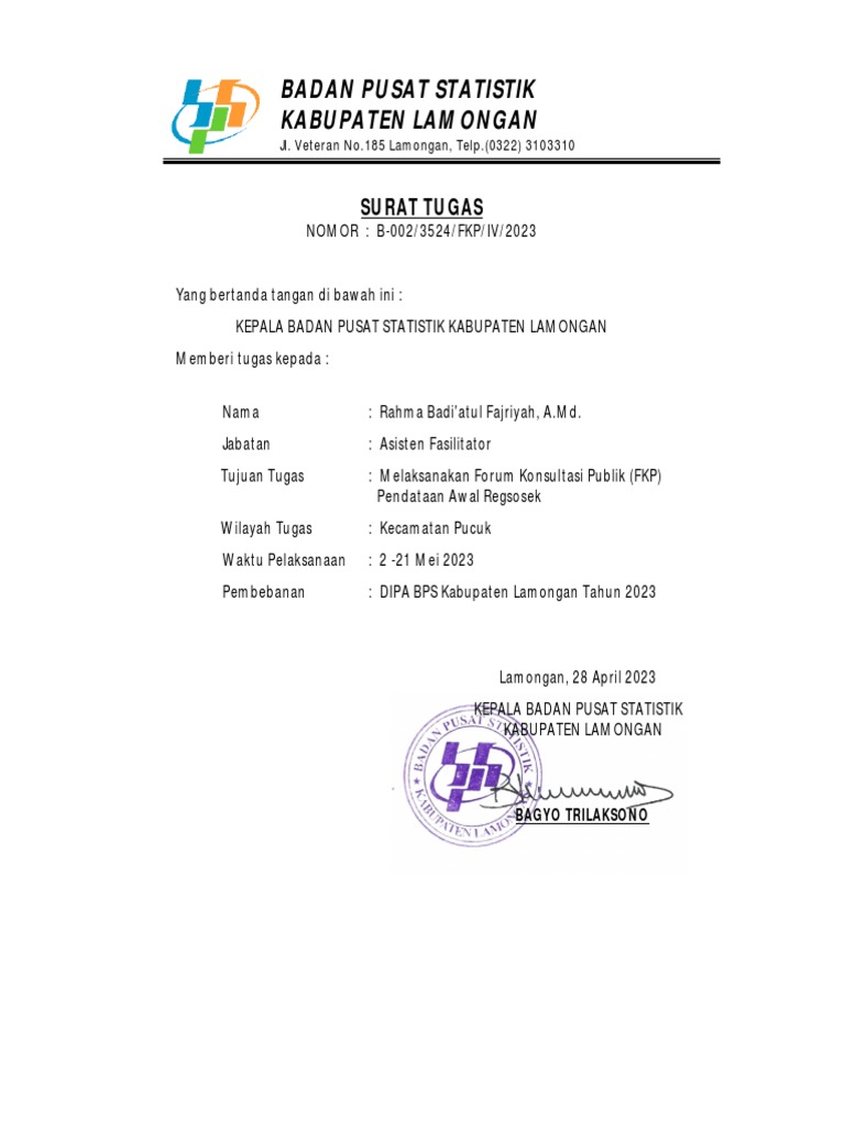 Surat Tugas FKP BPS Lamongan 2023 | PDF