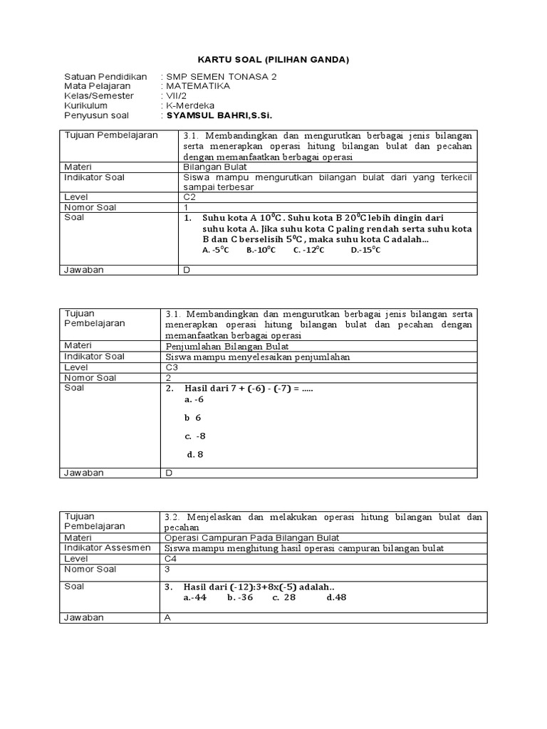 Kartu Soal Matematika Kelas 7 | PDF