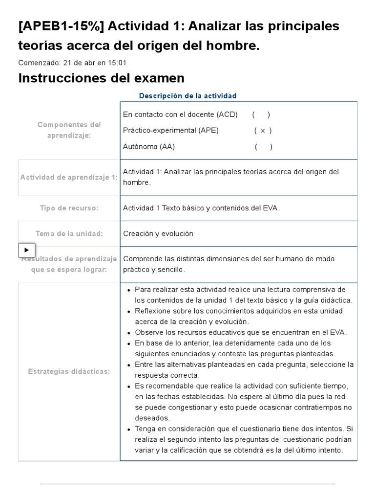 Examen - (APEB1-15%) Actividad 1 - Analizar Las Principales Teorías Acerca Del Origen Del Hombre ...