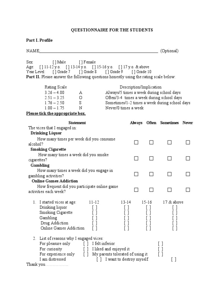 Questionnaire For The Student On Vices | PDF | Classroom | Cigarette
