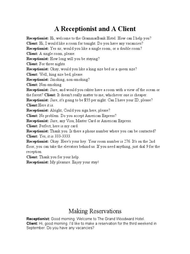 Hotel Reception Dialogue Examples | PDF