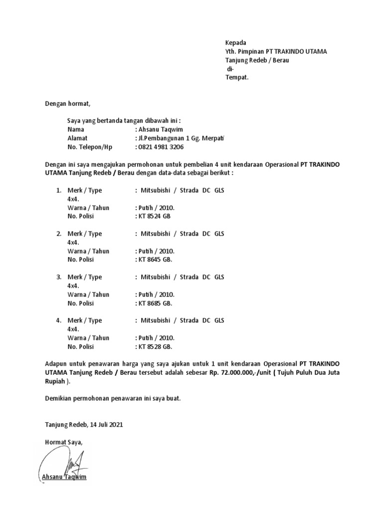 Surat Penawaran Lelang Mobil | PDF