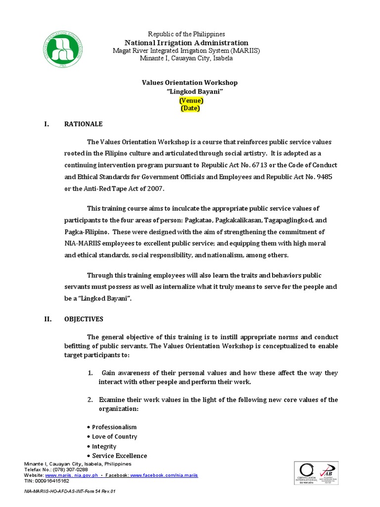 Values Orientation Workshop for NIA-MARIIS | PDF | Psychology