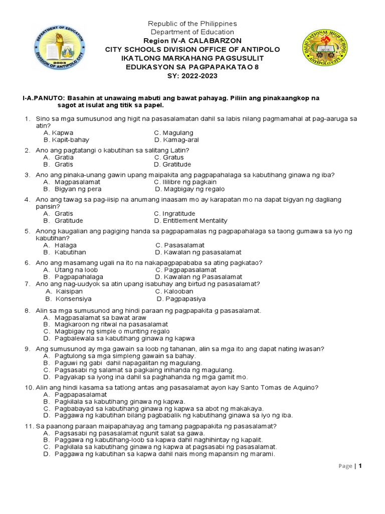 Q3 EsP 8 PERIODICAL TEST 2022 2023 Edited | PDF