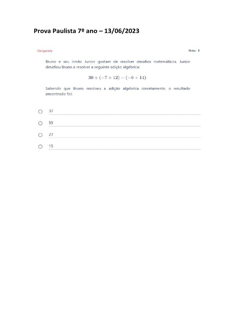 Prova Paulista 7º Ano - 2º BIMESTRE | PDF Prova Paulista 7º Ano - 2º BIMESTRE | PDF