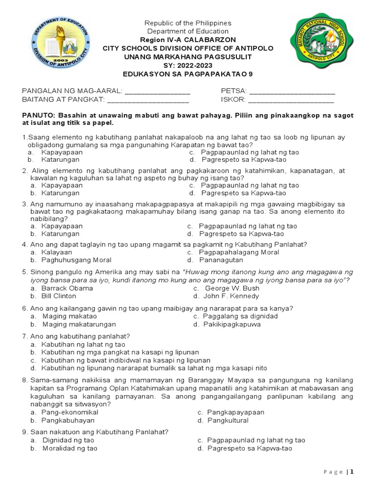 Q1 Esp9 Periodical Test 2022 2023 | PDF