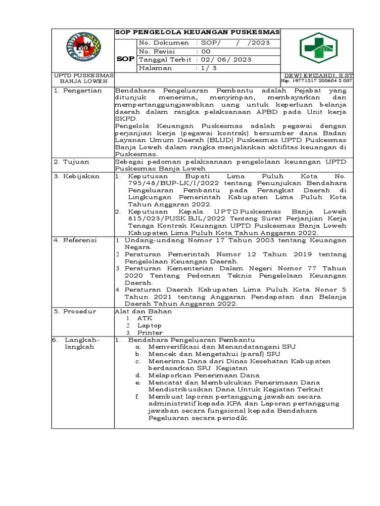 Sop Pengelola Keuangan Puskesmas | PDF