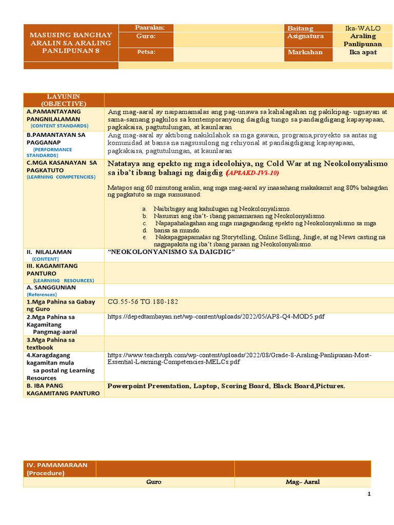 DLP Araling Panlipunan 8 | PDF