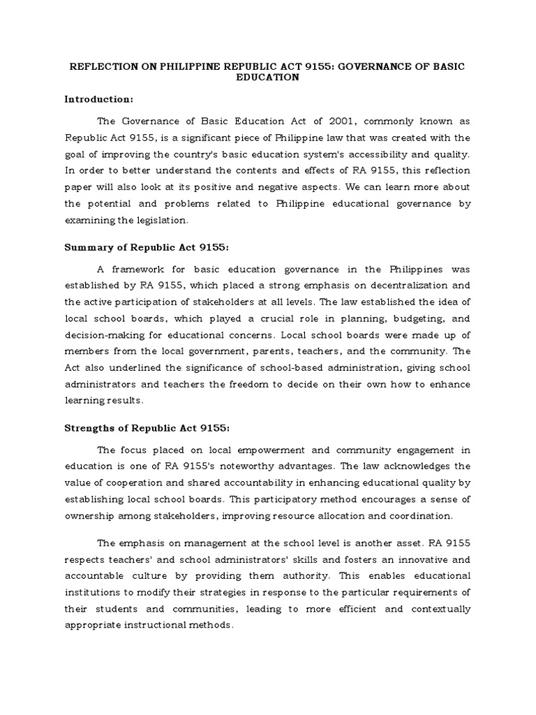 Reflection On Philippine Republic Act 9155 | PDF | Governance ...