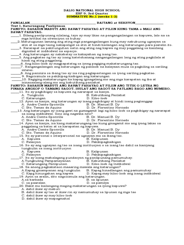 ESP9 Q3 W1and2 SUMMATIVE 1 | PDF