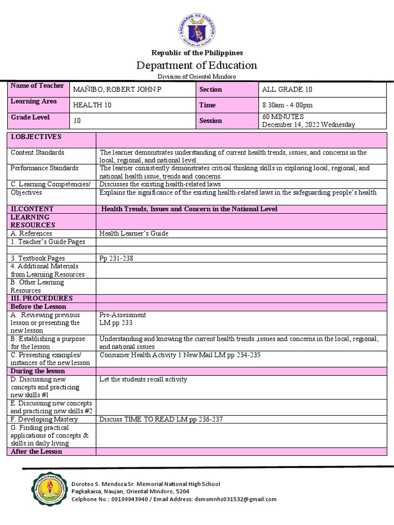 DLP HEALTH 10 Q2 Week 6 | PDF | Learning | Teachers
