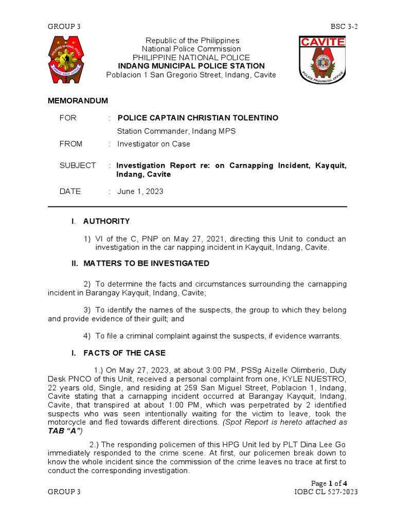 Investigation Report - Carnapping | PDF