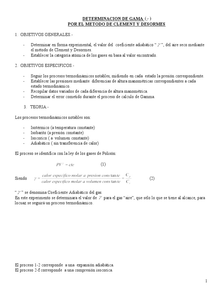 Determinacion de Gama Por El Metodo de Clement y Desormes | PDF | Gases | Termodinámica