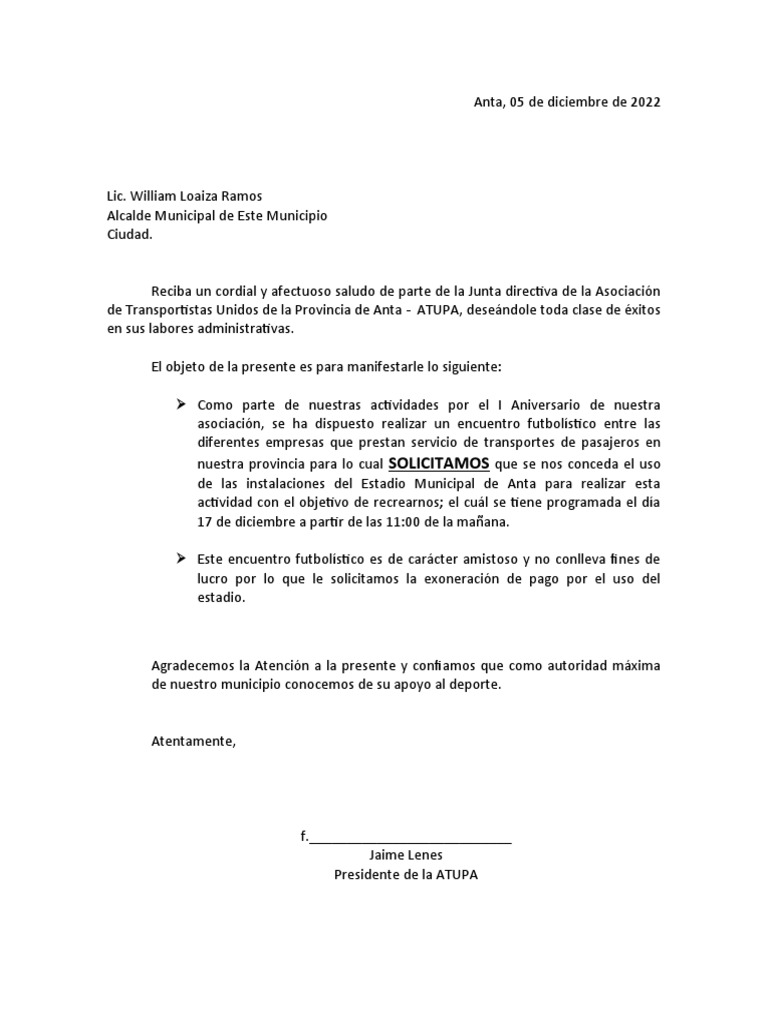 Solicitud de Uso del Estadio Municipal | PDF
