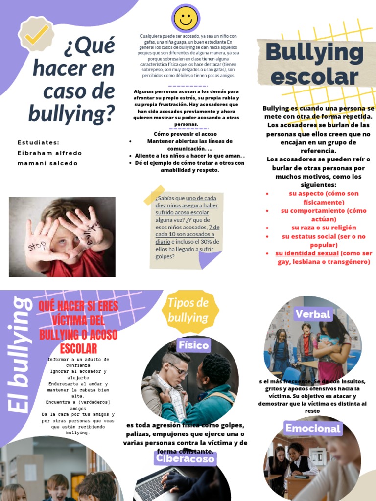 Tríptico Sobre El Bullying Acoso Escolar Creativo Morado y Amarillo | PDF Tríptico Sobre El Bullying Acoso Escolar Creativo Morado y Amarillo | PDF