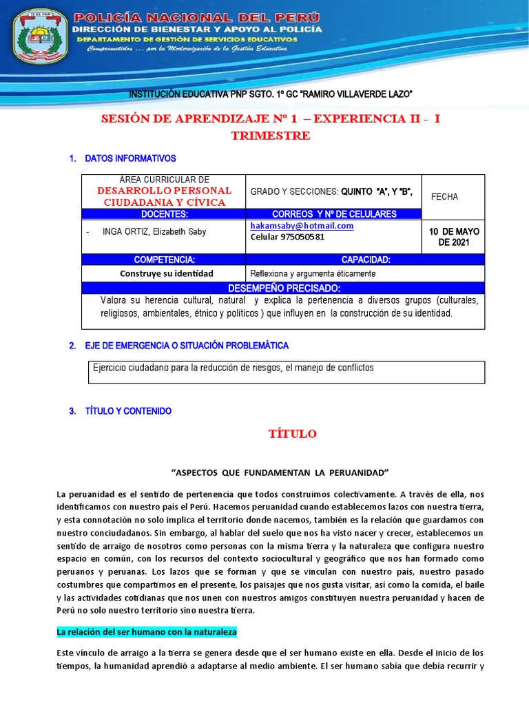 SESIÓN DE APRENDIZAJE N°6 DPCC - 5to AÑO | PDF | Perú | Nación