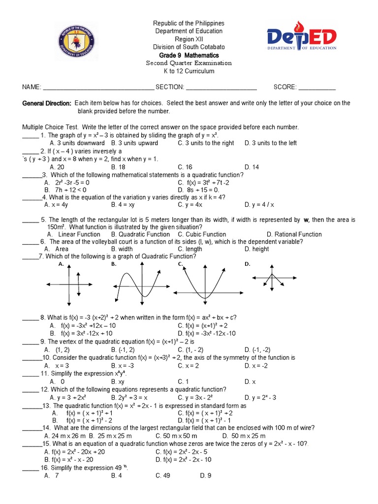 Grade 9 Mathematics Exam: Quadratic Functions | PDF