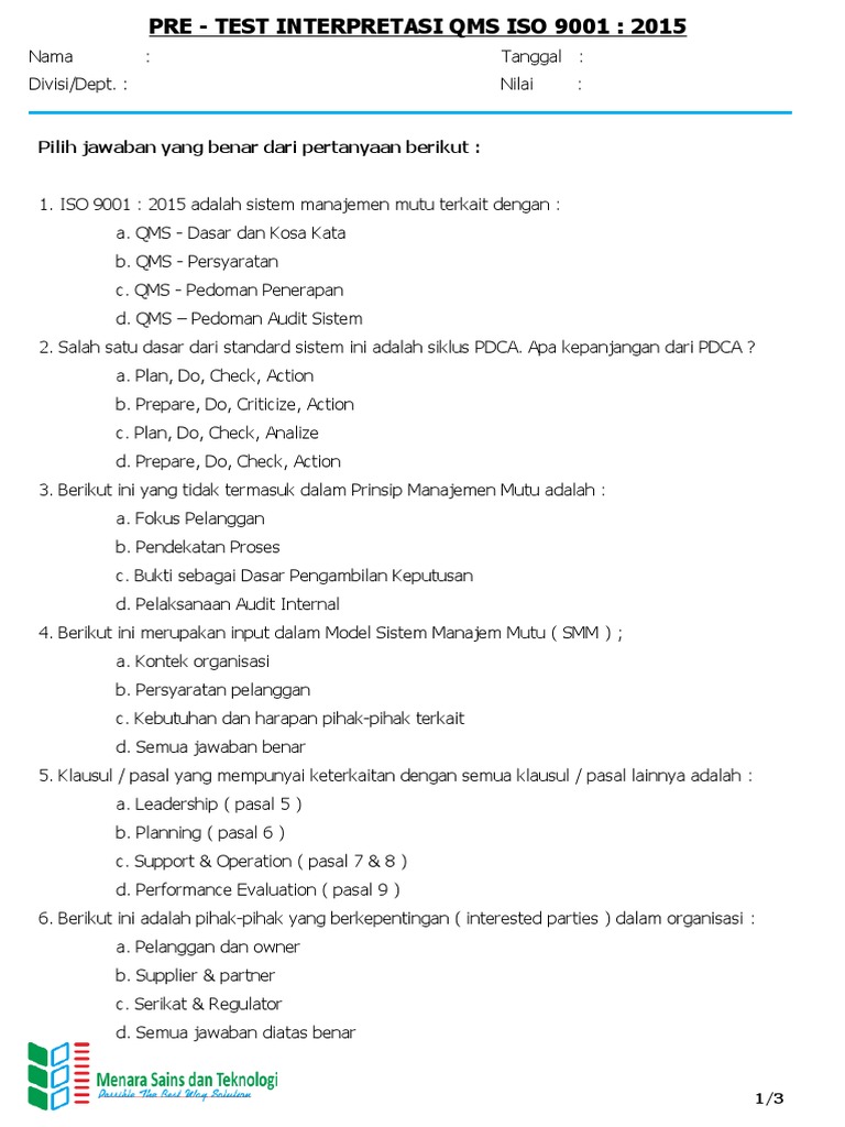 Pre Test Interpretasi ISO 9001 2015 | PDF