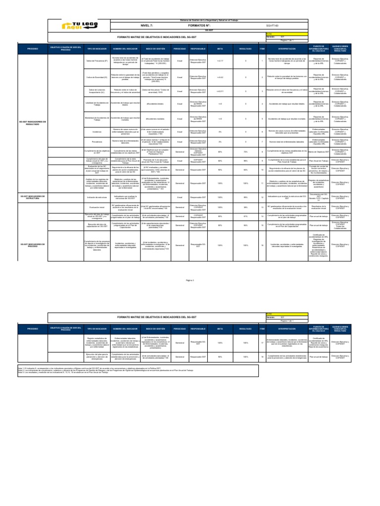 SGI-FT-60 Formato Matriz de Objetivos e Indicadores Del SG-SST | PDF