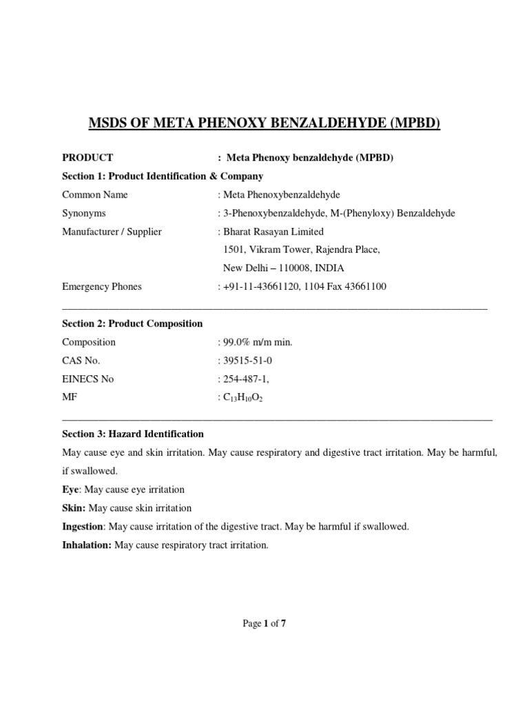 MSDS for Meta Phenoxy Benzaldehyde | PDF | Dangerous Goods | Hazardous ...