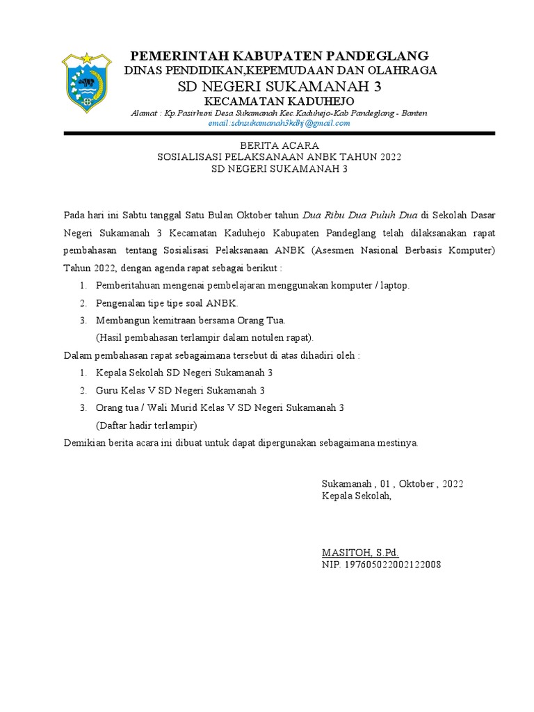 Berita Acara Sosialisasi ANBK 2022 | PDF