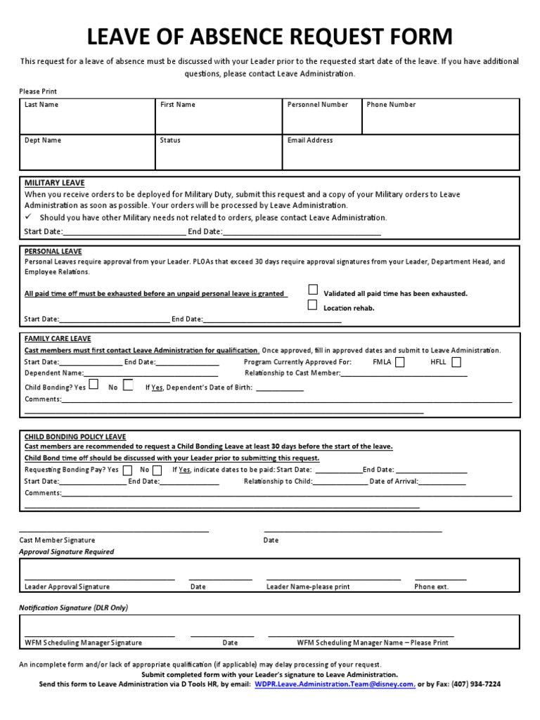 All WDPR Employees - Leave of Absence Request Form | PDF