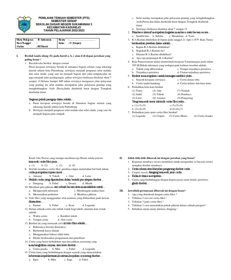 Soal Pts Bahasa Indonesia Kls 4 SMSTR 2 | PDF