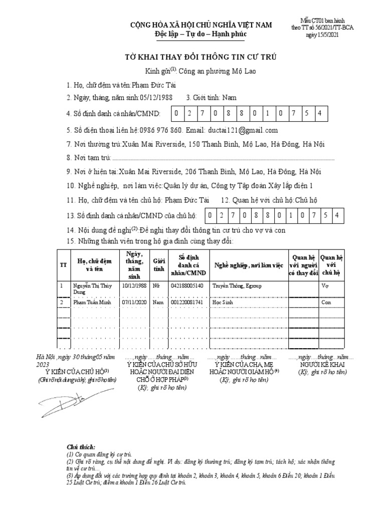 CT01 T Khai Thay Đ I Thông Tin Cư Trú | PDF