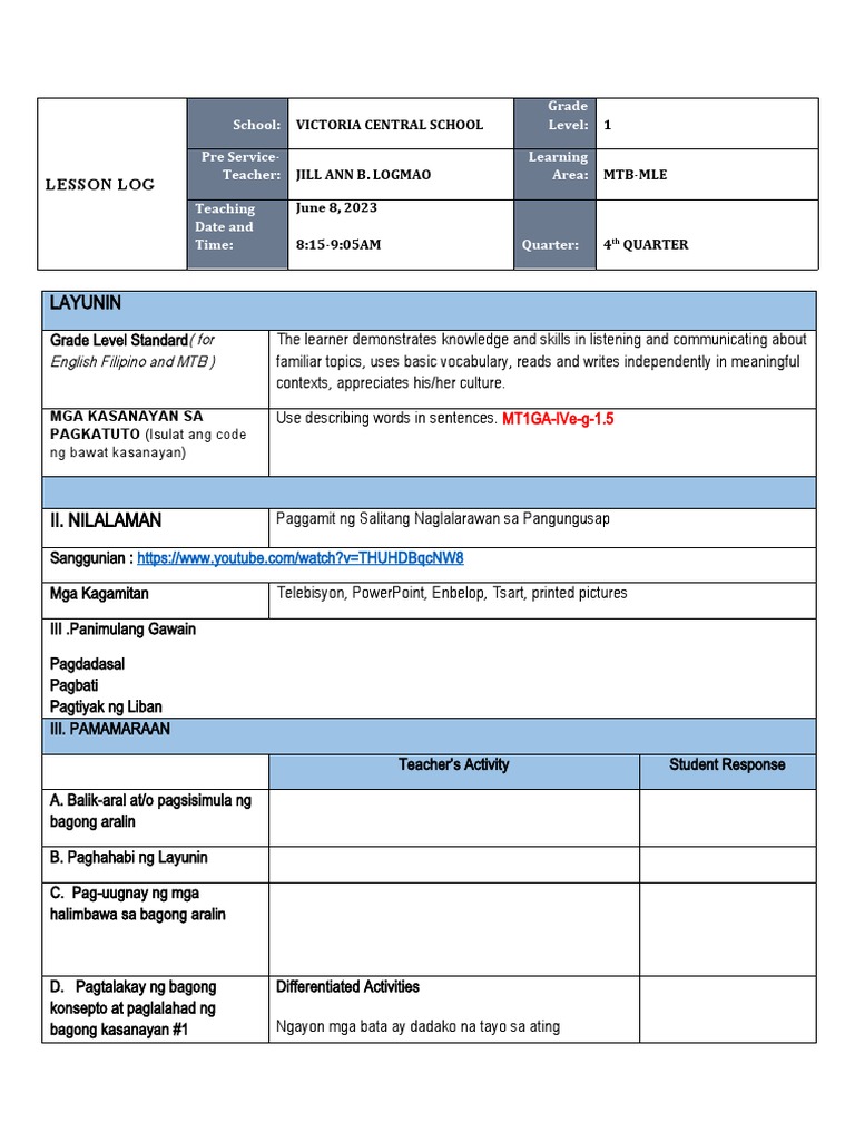Lesson Log MTB | PDF