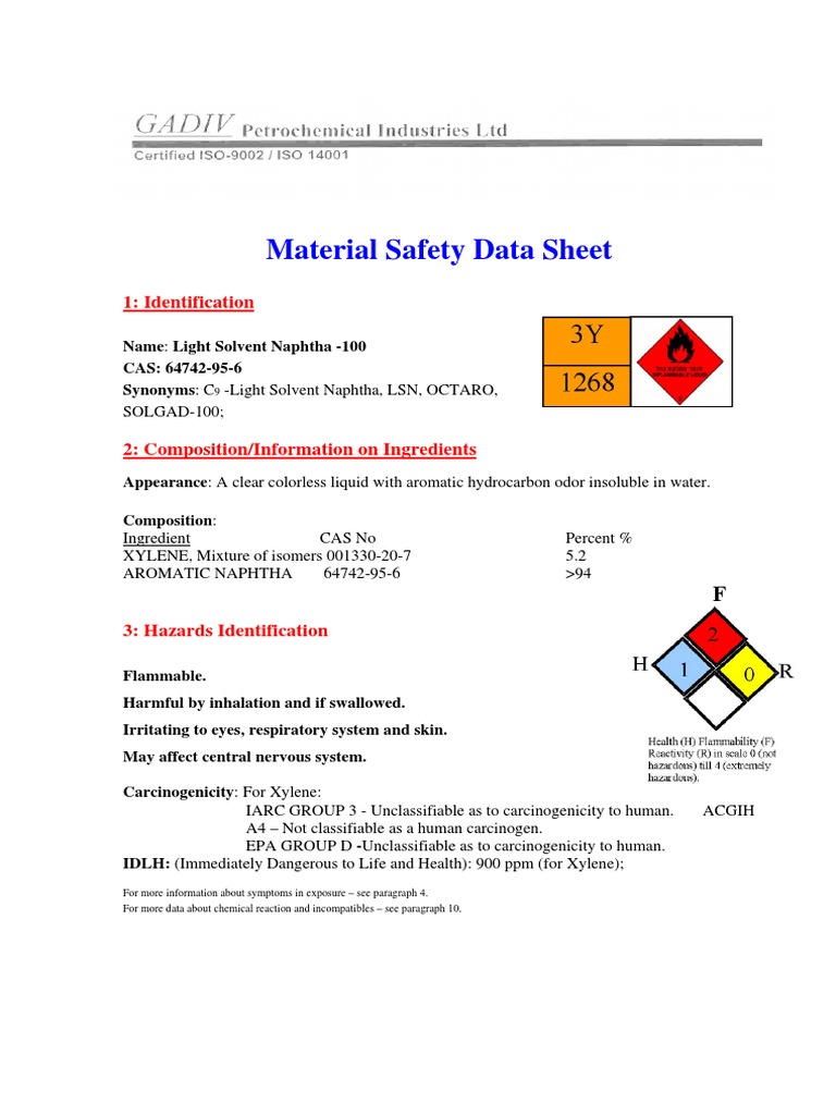 Light Solvent Naphtha MSDS 64742-95-6 | PDF | Dangerous Goods | Materials