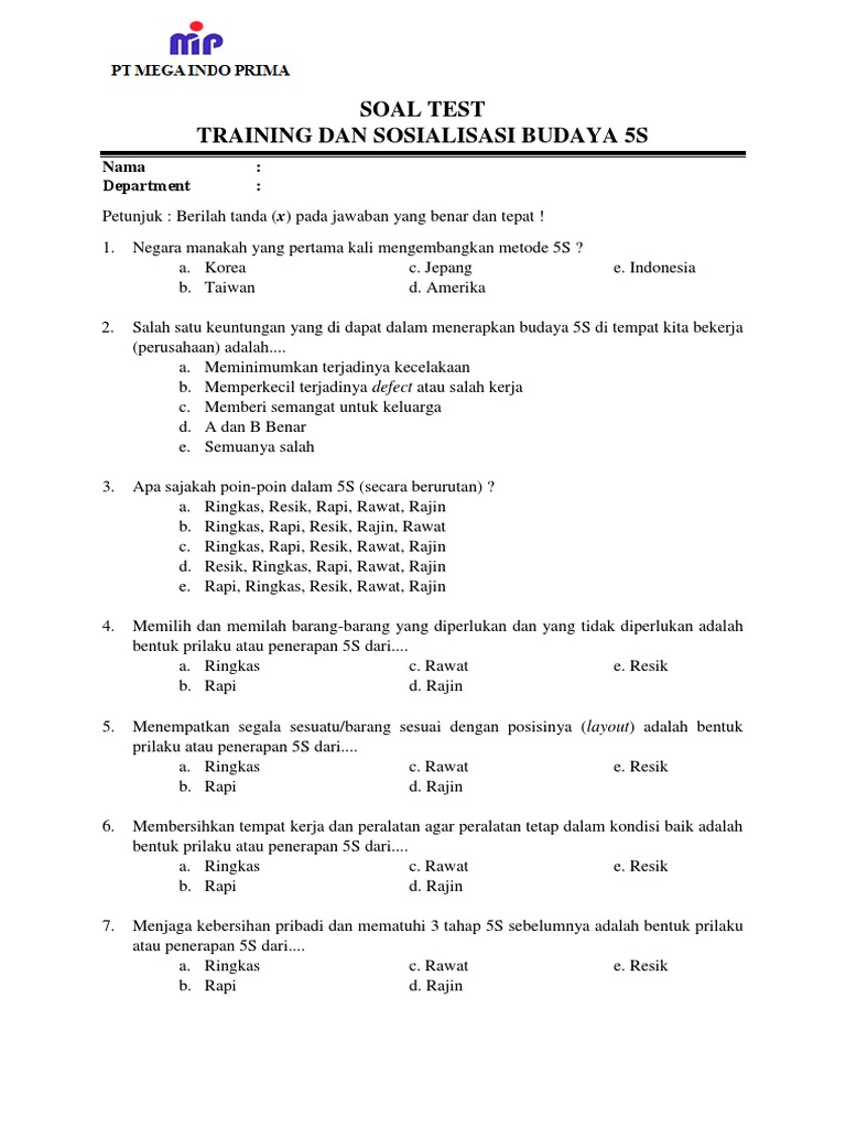 Soal Uji Pemahaman Budaya 5S | PDF