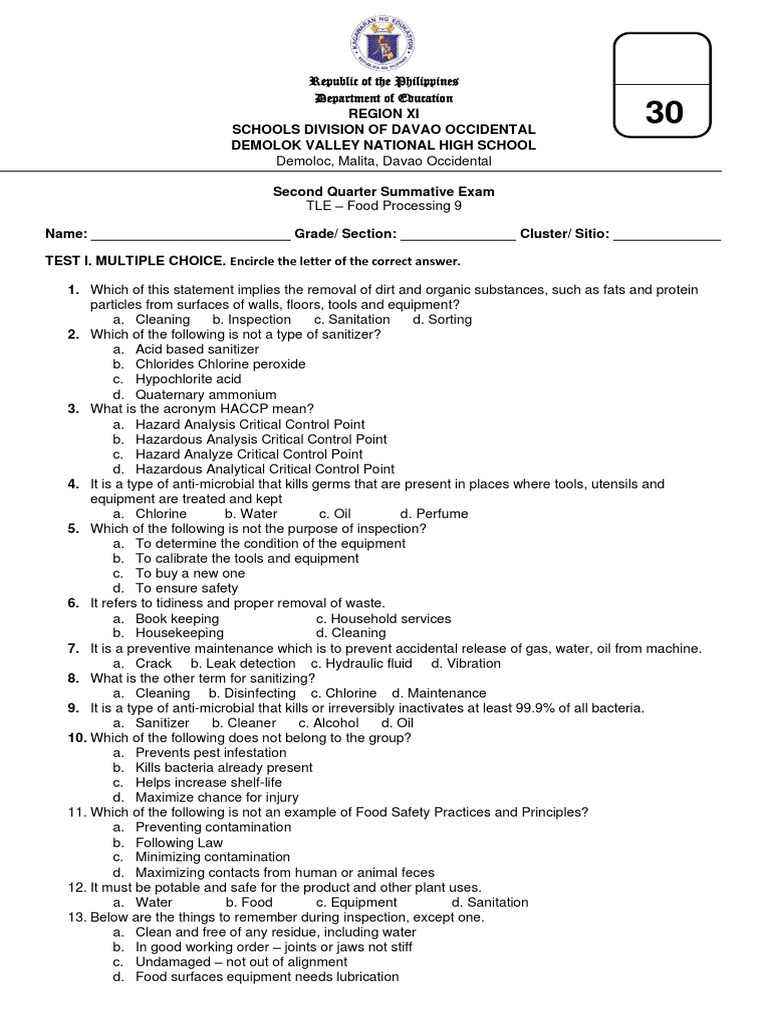 Grade 9 Food Processing Finals | PDF