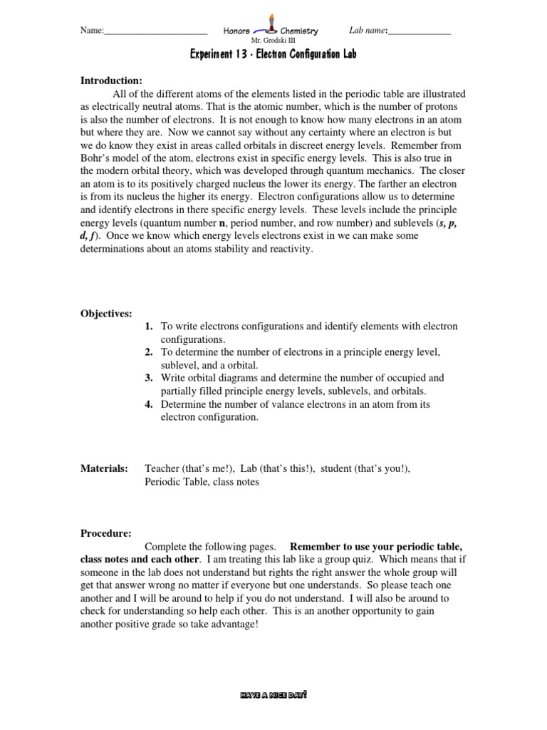 Lab 13 Honors Electron Configuration0809 Pdf Electron
