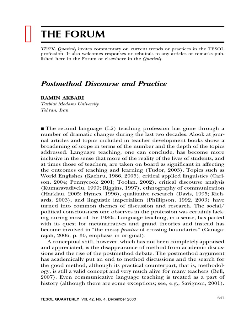 Postmethod Discourse and Practice (Akbaris 2008) | PDF | Teachers ...
