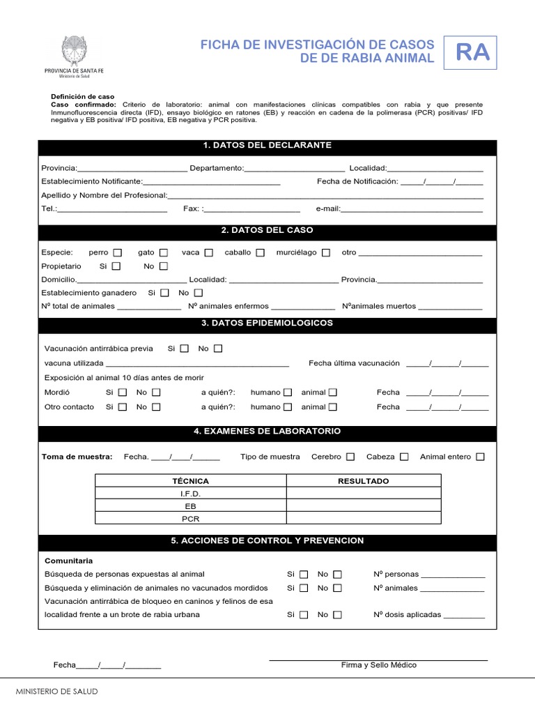 Ficha Epidemiologica de Investigacion de Caso de Rabia Animal | PDF | Rabia | Enfermedades y ...